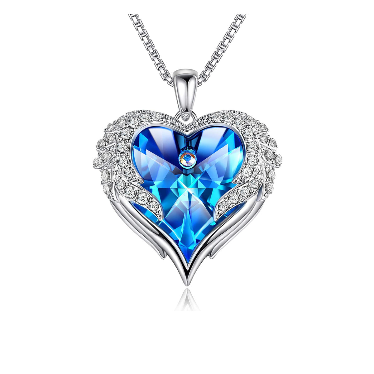 AMOUR – White Gold Finish Blue Heart Created Diamond Angel Wings Neckl ...